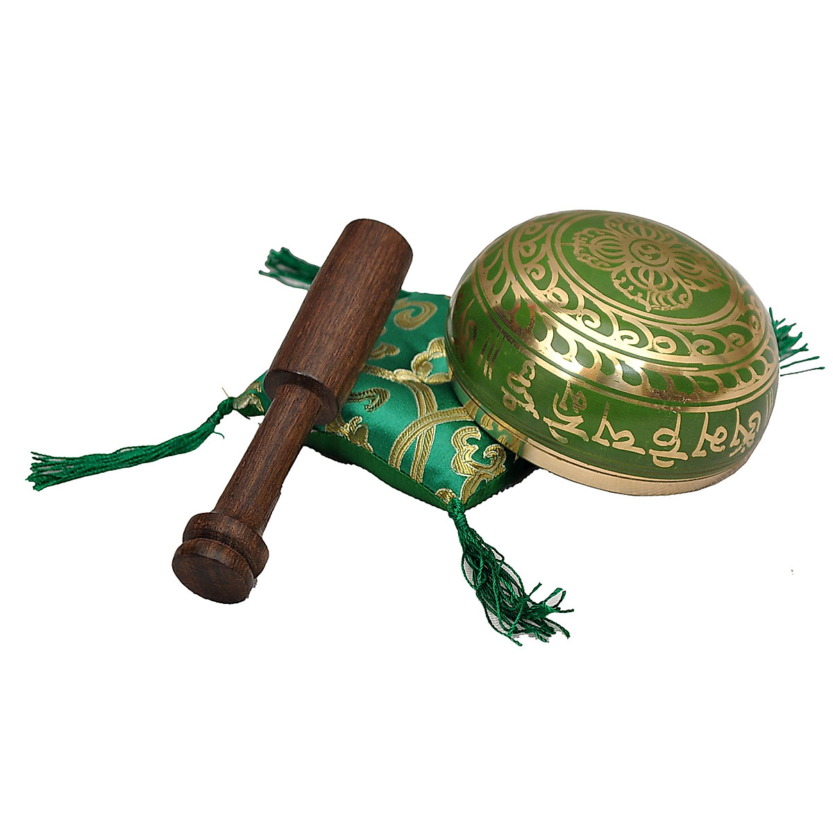 Tibetan Singing Bowl Set By Dharma Store - With Traditional Design Tibetan Buddhist Prayer Flag - Handmade in Nepal (Green)