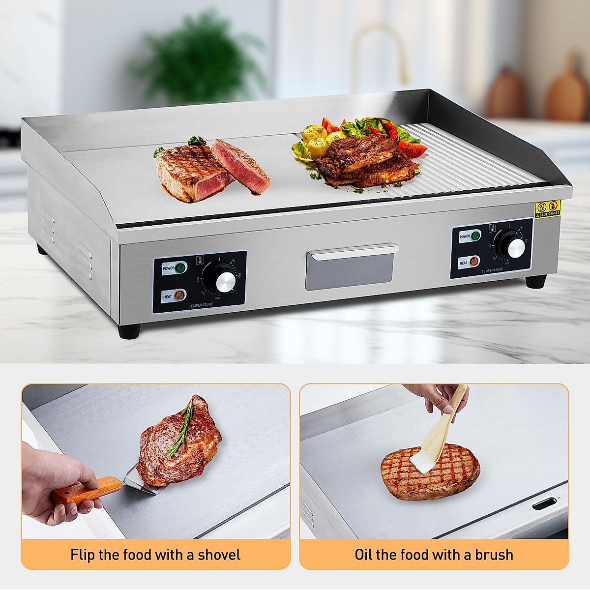 29" Commercial Stainless Steel Electric Griddle, 3000W Non-Stick Electric Countertop Griddle with Fluted Surface, 110V Restaurant Teppanyaki Flat Top Grill, Adjustable Temperature Control 122°F-572°F