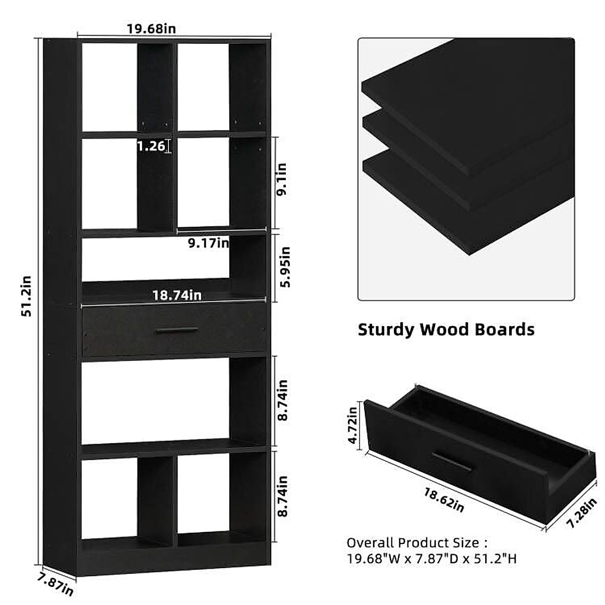 LELELINKY 6 Tier Open Bookshelf Mid Century Modern Bookcase, Wood Book Shelf with 8 Cubes and a Drawer, Floor Freestanding Bookshelves Cube Storage Organizer for Bedroom, Living Room, Office (Black)
