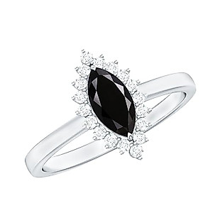Lab Grown Black Diamond Halo Engagement Ring with Moissanite | 4X8 MM Marquise Shape Black Diamond (Certified, AAAA Quality), 14K White Gold, Size:US 8.00