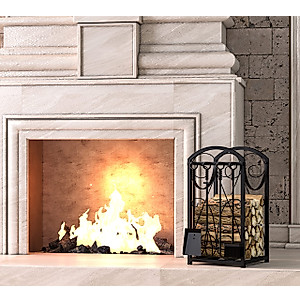 Kingson 5-Piece Firewood Log Rack With 4 Fireplace Tools Set Fireside Holder Wood Lumber Storage Stacking With Tongs Shovel Poker And Brush-Black