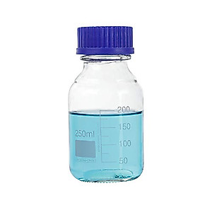 Pastein 10 Pieces 250 mL Graduated Round Reagent Media/Storage Glass Bottle With GL45 Blue Polypropylene Screw Cap
