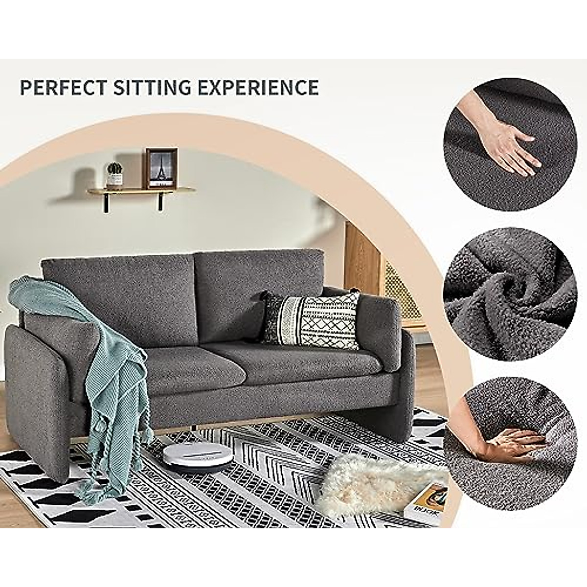 VanAcc Couch, Modern Sofa- Comfy Sofa Couches with Embedded Armrest, 3-Seater Couch for Living Room, Grey Bouclé