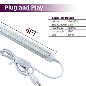 HOLDWILL 24 Pack LED Shop Light Fixture, 4FT 24W 6500K, Cool White, Clear Cover, Hight Output, Linkable Shop Lights, T8 LED Tube Lights, LED Shop Lights for Garage 4 Foot with Plug Cable