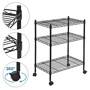 ZENY 3-Shelf Heavy Duty Shelving Storage Unit with Casters, Metal Organizer Wire Rack for Kitchen, Office, Garage, Black
