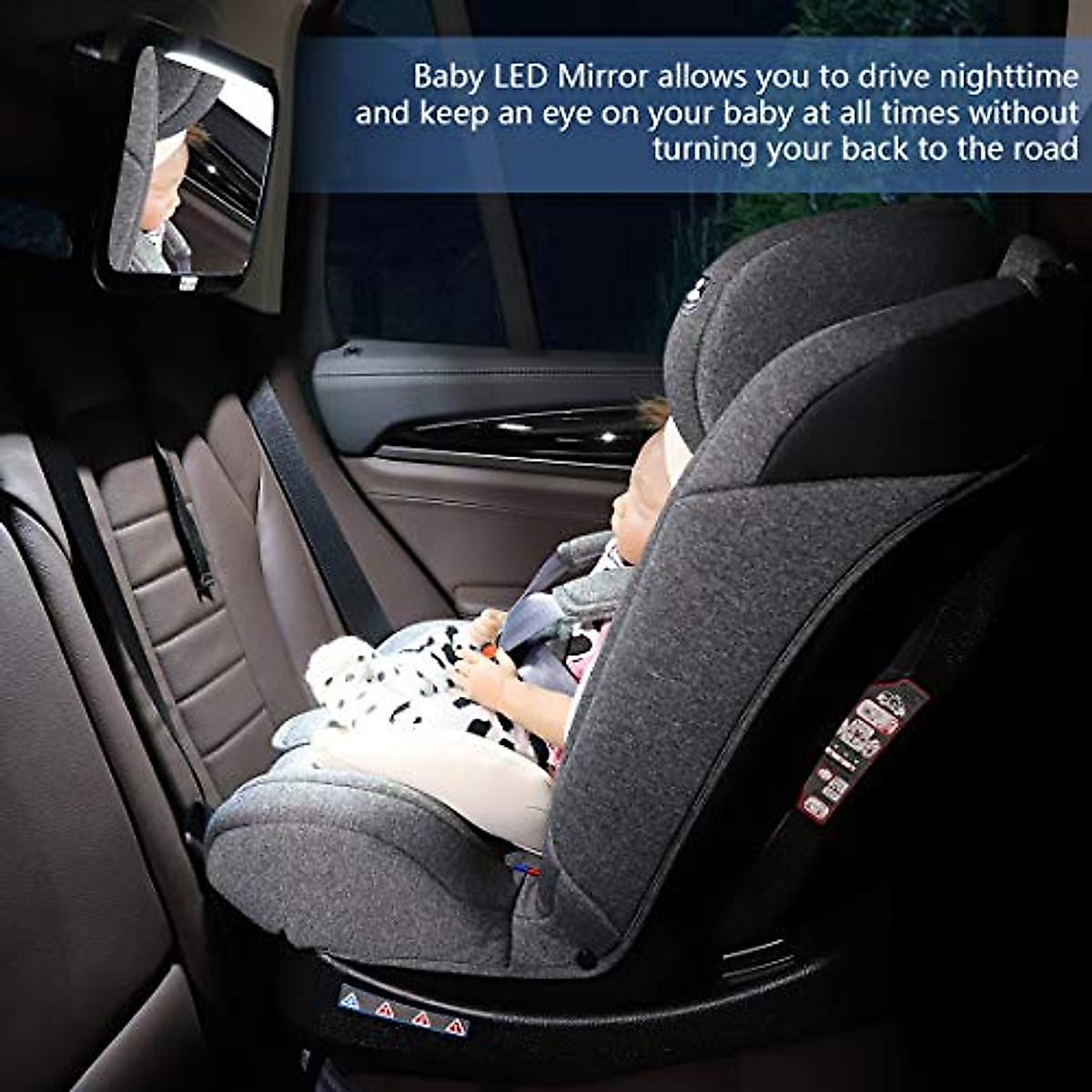 Baby Car Mirror with Light Innokids Dual Mode LED Lighting by Remote Control Clear View of Infant in Rear Facing Back Seat While Night Driving (Black)