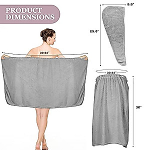 TOCOHO Women Microfiber Bath Wrap Towel and Hair Drying Towel - Adjustable Soft Body Wraps Dress with Hair Towel, Super Absorbent to Quick Drying Hair and Body (Grey)