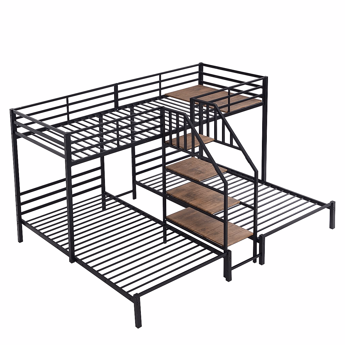 BIADNBZ Twin Size Triple Bunk Bed for 3 Kids Teens, Metal L-Shaped BunkBed with Stairs and Built-in Storage Shelves, for Bedroom Guest Room, Black