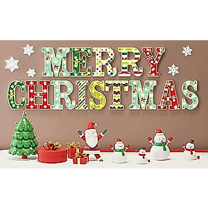 Christmas Decorations - 14 LED Letters Christmas Lights 'MERRY CHRISTMAS' for Christmas Decorations Indoor Home Decor, Surface UV Printing Snowflakes, Christmas Trees, Elk, etc, Warm White