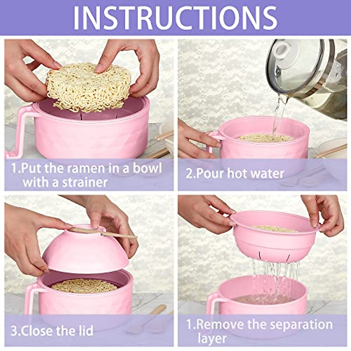 2 Sets Microwave Ramen Cooker Bowl Set Quick Ramen Cooker with Handles Ramen Noodle Cooker with Spoon Chopsticks Fork College Dorm Room Apartment Essentials for Girls and Boys (Pink, Blue)
