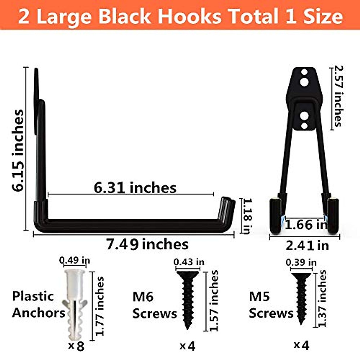 Heavy Duty Garage Storage Utility Double Hooks,Extended Wall Mount Tool Holder Organizer for Ladders,Bike,Chair (2 Pack Black 7.5" Large U Hook)