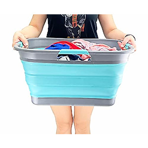 SAMMART 30L (8 gallon) Set of 2 Collapsible Plastic Laundry Basket - Foldable Pop Up Storage Container/Organizer - Portable Washing Tub - Water capacity: 24L (6.3 gallon) (Alloy Grey + Crystal Blue)