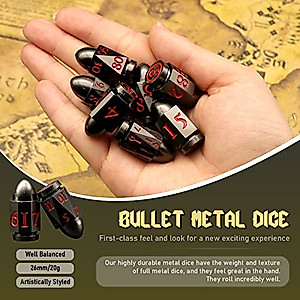 Metal Bullet Dice Set, DND Dice Set Dungeons and Dragons Dice, ZHOORQI D6 Dice Set D&D Dice Gifts for Role Playing Games, Pathfinder, Warhammer 40k or Theme Tabletop Games（7Bullet-Black Red）