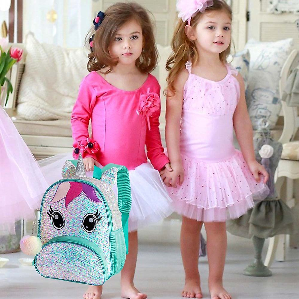 3PCS Toddler Backpack for Girls, 12" Unicorn Sequin Preschool Bookbag and Lunch Box- Green