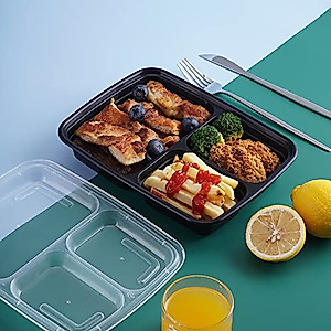 [150Pack] 32oz Meal Prep Containers, Black Plastic Container, 3 Compartment Lunch Box, Bento Box, To go Food packaging, Reuseable