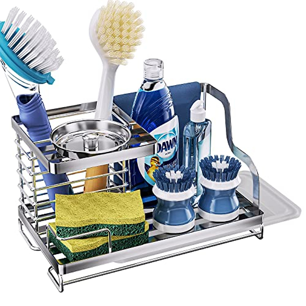 Consumest Kitchen Sponge Holder Sink Caddy, Double-layer Soap Sponge and Brush Holder with Removable Drain Tray, SUS304 Stainless Steel Kitchen Sink Organizer, Silver (8.26 × 4.72 × 5.11 inch)