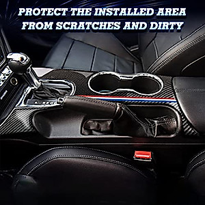 Xotic Tech Center Console Gear Water Cup Panel Cover Trim, Genuine Soft Carbon Fiber with 3 Color Strips, Compatible with Ford Mustang 2015-up