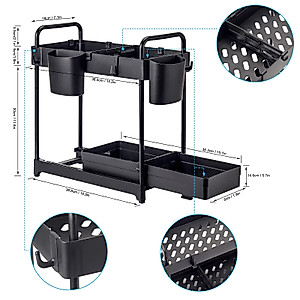 SYSAMA 2-Tier Under Sink Organizer, 2 Pack Kitchen Bathroom Sliding Under Cabinet Storage Drawer Organizer with Hooks, Hanging Cup, Handles, Multi-Purpose Under Cabinet Organizer