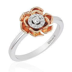 Jewelili Enchanted Disney Fine Jewelry 14K White and Rose Gold 1/10 Cttw Diamond Belle Fashion Ring Size 6