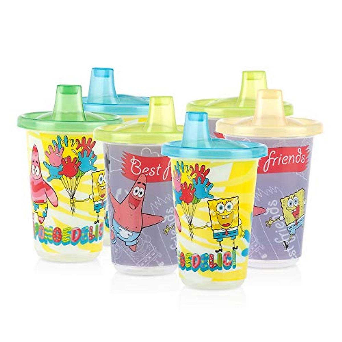 Nuby 6 Pack Wash or Toss Reusable Cups & Lids with Spout, Nickelodeon SpongeBob SquarePants, 10 oz.