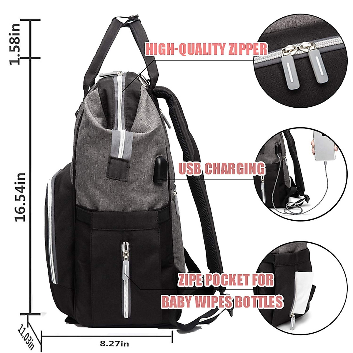 AOCKS Diaper Bag Organizer Insulated Waterproof Travel Backpack Large Capacity for Baby Care,Multi-Function, Stylish and Durable (Black Grey)