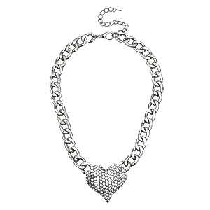 JOTW Silvertone Iced Out 3D Heart Pendant with a 16 Inch Adjustable Link Necklace