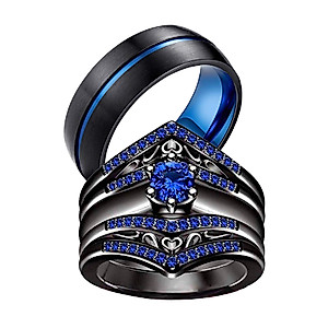 Two Rings His Hers Wedding Ring Sets Couples Matching Rings Women's 2pc Black Gold Plated Blue CZ Wedding Engagement Ring Bridal Sets Men's Tungsten Carbide Band Wedding Band