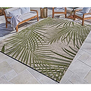 Gertmenian Indoor Outdoor Area Rug, Classic Flatweave, Washable, Stain & UV Resistant Carpet, Deck, Patio, Poolside & Mudroom, 8x10 Ft Large, Royal Palm Leaf, Green, 21952