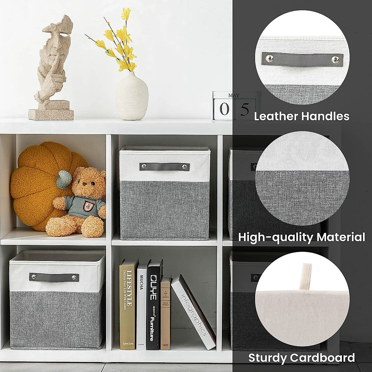 DULLEMELO 11x11 Cube Storage Bins, Foldable Fabric Cubby Baskets 11 x 11 storage cubes for Organizing Toys Books Towels Clothes, Cube Storage Organizer Bins for Shelves Closet Home Office, White&Grey