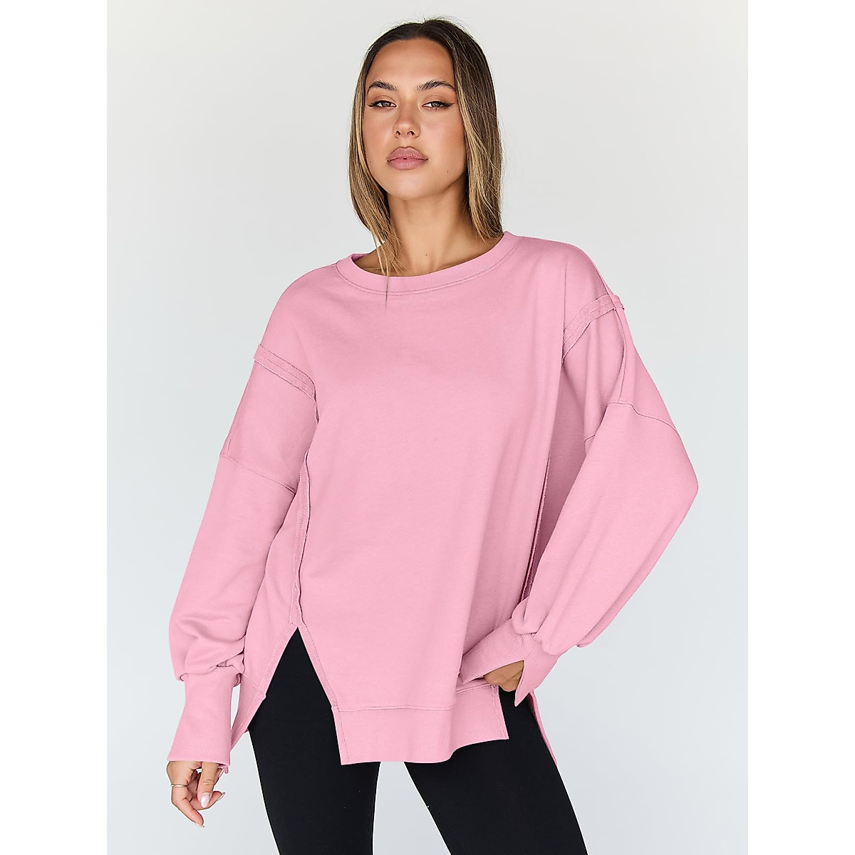 Trendy Queen Womens Oversized Sweatshirts Hoodies Crewneck Shirts Fall Outfits Teen Girls Y2k Winter Clothes Pink L