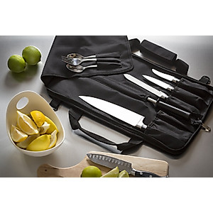 Chef Knife Roll Bag (6 slots) is Padded and Holds 5 Knives PLUS a Protected Pouch for Your Knife Steel! Our Durable Knife Carrier Includes Shoulder Strap, Handle, and Business Card Holder. (Bag Only)