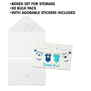 All Ewired Up 50 Boxed Set Clothesline Onesie Boy Thank You Cards for Baby Shower with Designed Envelope and Matching Seals