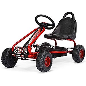 Costzon Kids Pedal Go Kart, 4 Wheel Pedal Powered Ride On Toys, Outdoor Racer Pedal Car with Adjustable Seat, Handbrake & Non-Slip Wheels, Pedal on Foot on Kart Gift for Boys Girls (Red)