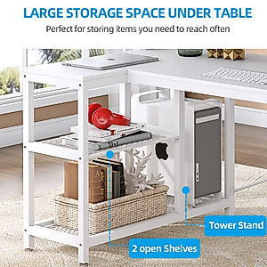 TIYASE Computer Desk with Hutch and Storage Shelves, 51 inch L-Shaped Corner Computer Desk with Power Outlet & Monitor Stand, Large Home Office Study Writing Table with USB Port & Tower Shelf, White