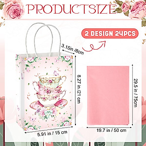 Locmeo 24 Pcs Tea Party Gift Bags with Tissue Paper Floral Teapot Goodie Treat Bags with Handles Tea Party Decorations for Kids Girls Wedding Baby Shower Birthday Party Favors Supplies, Pink and Green