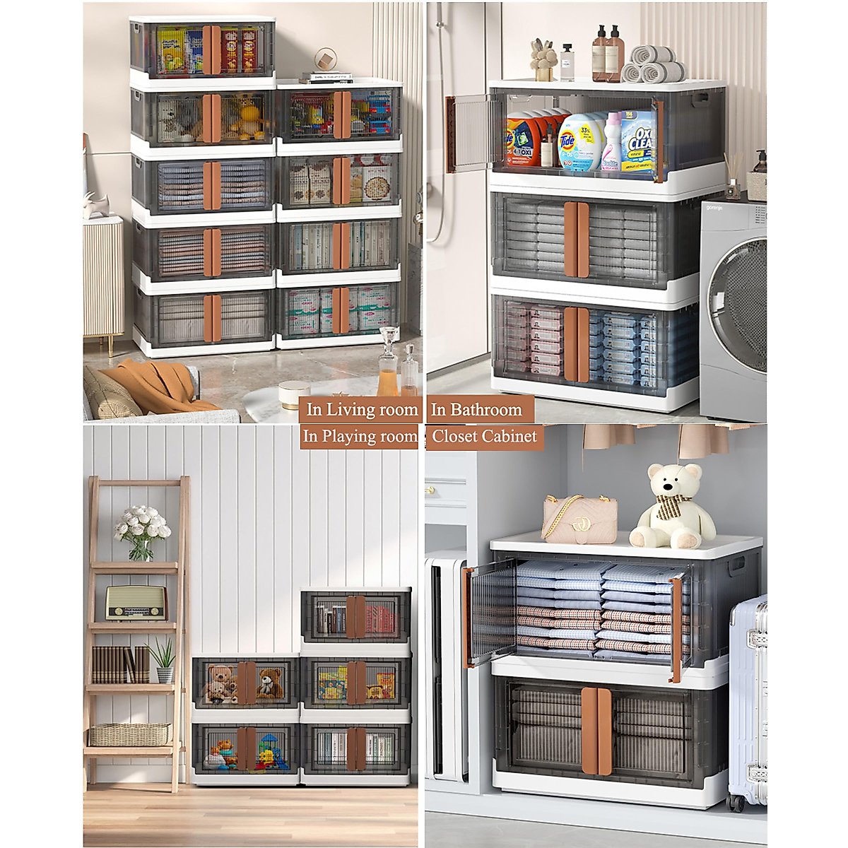 Storage Bins with Lids, Collapsible Plastic Storage Containers for Closet Organizers and Storage, Stackable Storage Bins with Wheels, Folding Storage Boxes Set, Christmas Organization (8.4Gal-3Pack)