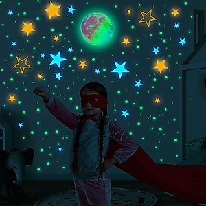 Glow in The Dark Stickers for Ceiling, 444Pcs Wall Stickers-Realistic Stars and Bright Solar System Shining Decoration, Glowing in The Dark Ceiling Decors for Kids, Boys, Girls Bedroom