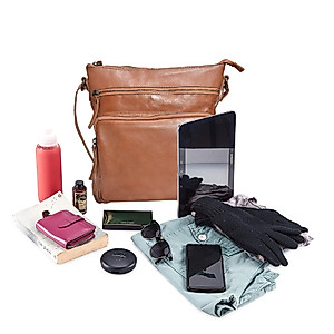 Wise Owl Accessories Real Leather Crossbody Handbag & Purse for Women Bundled with RFID Blocking Long Bifold Card Case Wallet (Cognac set of 2)