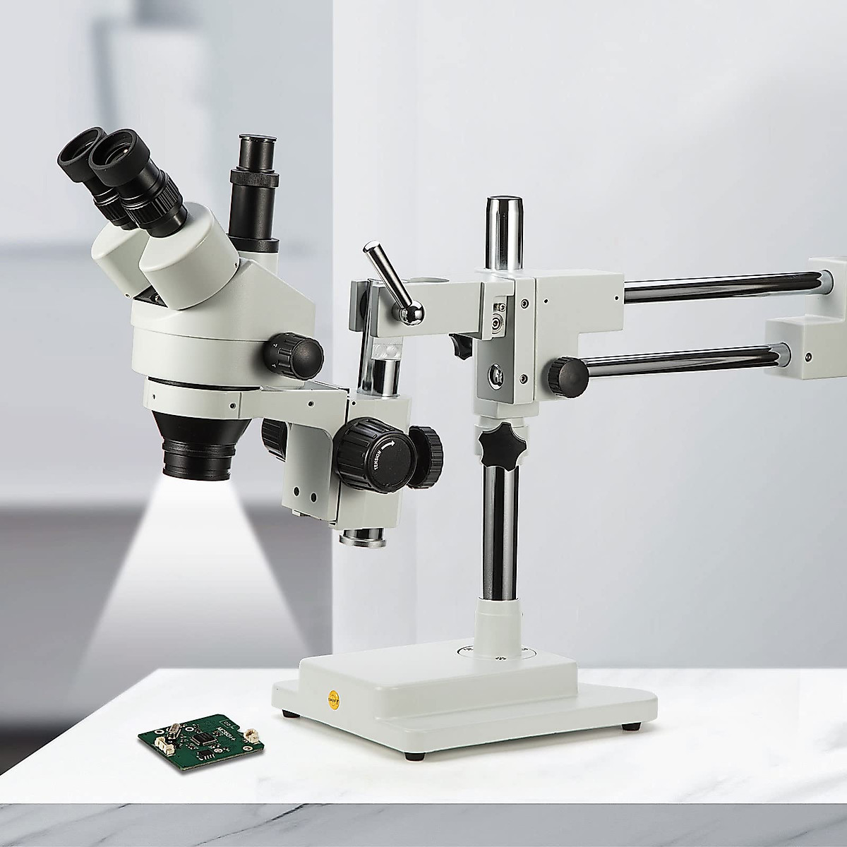 Swift S7 3.5X-90X Professional Simul-Focal Trinocular Stereo Zoom Microscope with WH10x Eyepieces, 0.7X-4.5X Objective,144 LED Ring Light, Double Arm Boom Stand, Includes 0.5X and 2.0X Barlow Lens