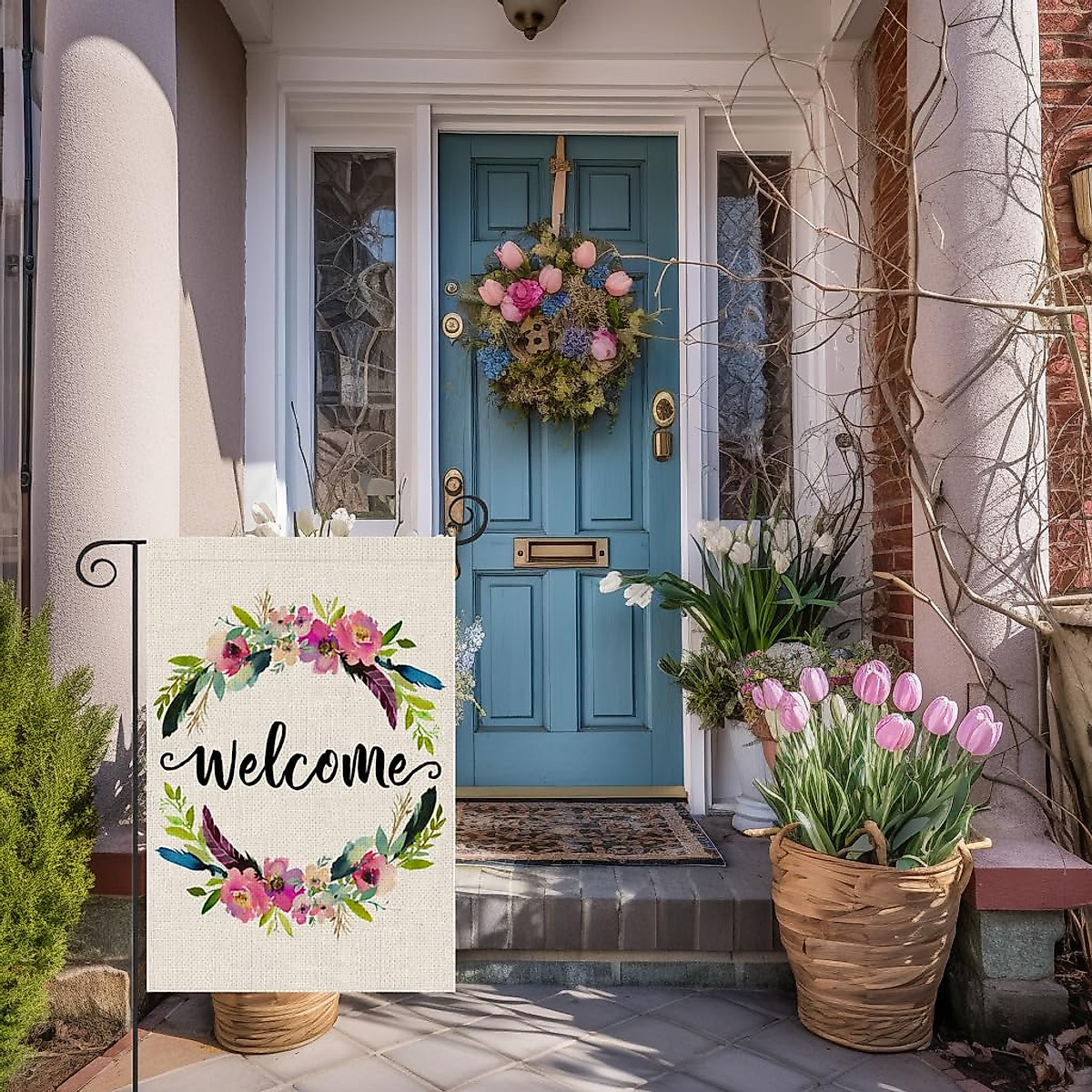 Spring Welcome Burlap Garden Flag (12x18, Double Sided) Small Mini Rustic Farmhouse Watercolor Decorative Yard Flag for Outside