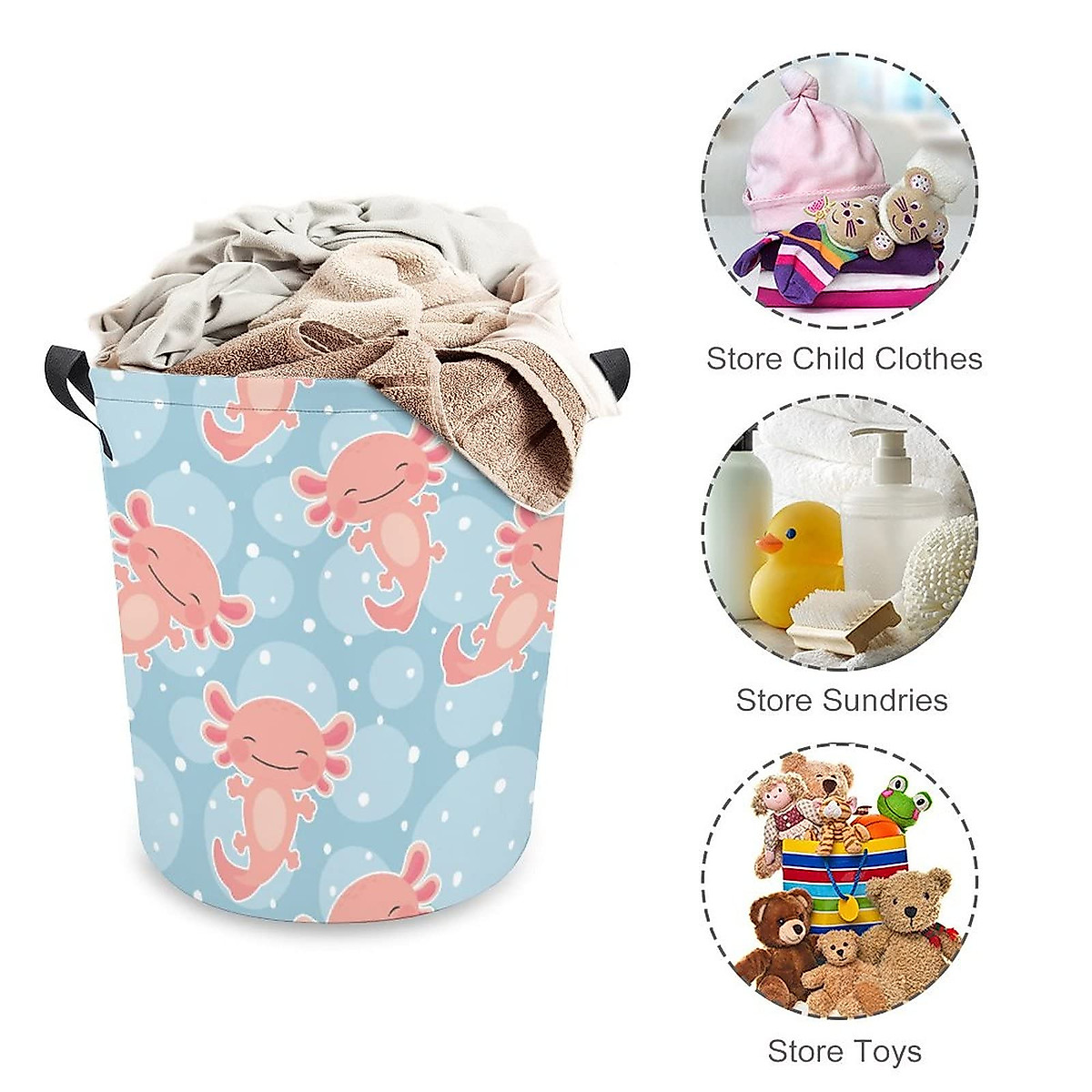 TsyTma Kawaii Axolotl Small Laundry Basket for Bedrooms Collapsible Round Laundry Hamper with Handles Round Toy Bin for Dirty Clothes,Kids Toys,Bathroom