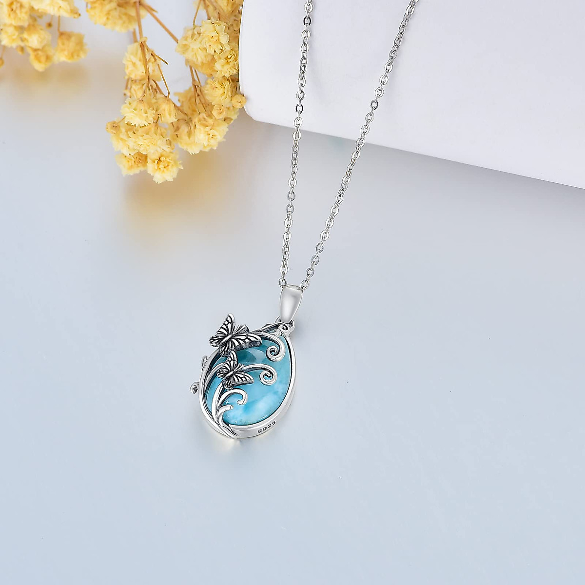 PELOVNY Christmas Gifts Larimar Jewelry Butterfly Larimar Pendant Necklace 925 Sterling Silver Butterfly Jewelry Butterfly Gift for Women
