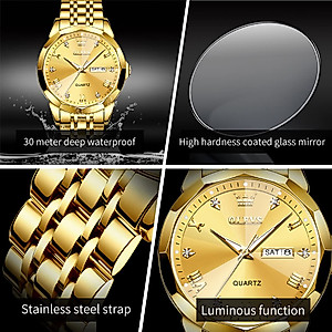 OLEVS Men Watches Business Dress Diamond Analog Quartz Date Luxury Wrist Watch Gold Casual Stainless Steel Waterproof Luminous Two Tone Watch for Men