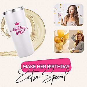 Your Dream Party Shop Birthday Girl Insulated Wine Tumbler - White Stainless Steel Cup for Women’s Celebrations - Birthday Tumbler For Women (22 oz)