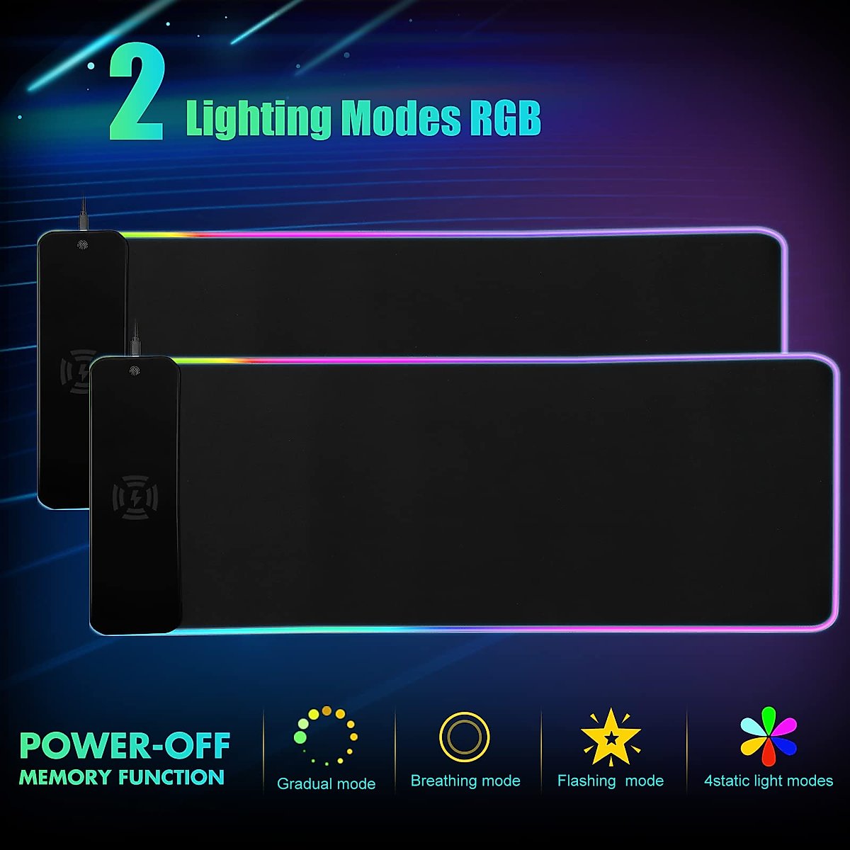 Macarrie 2 Pcs Charging Mouse Pad Cool Mouse Pad with 15w 31.5 x 11.8 x 0.2'' Fast Charging Extended Large LED Gaming Mousepad RGB Mouse Pad Non Slip Wireless Keyboard Pad for Office Desks
