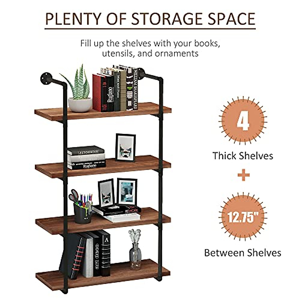 HOMCOM 4-Tier Industrial Pipe Shelves Floating Wall Mounted Bookshelf, Metal Frame Display Rack, 1.25" Thickness Shelving Unit for Farmhouse, Kitchen, Bar, Rustic Brown
