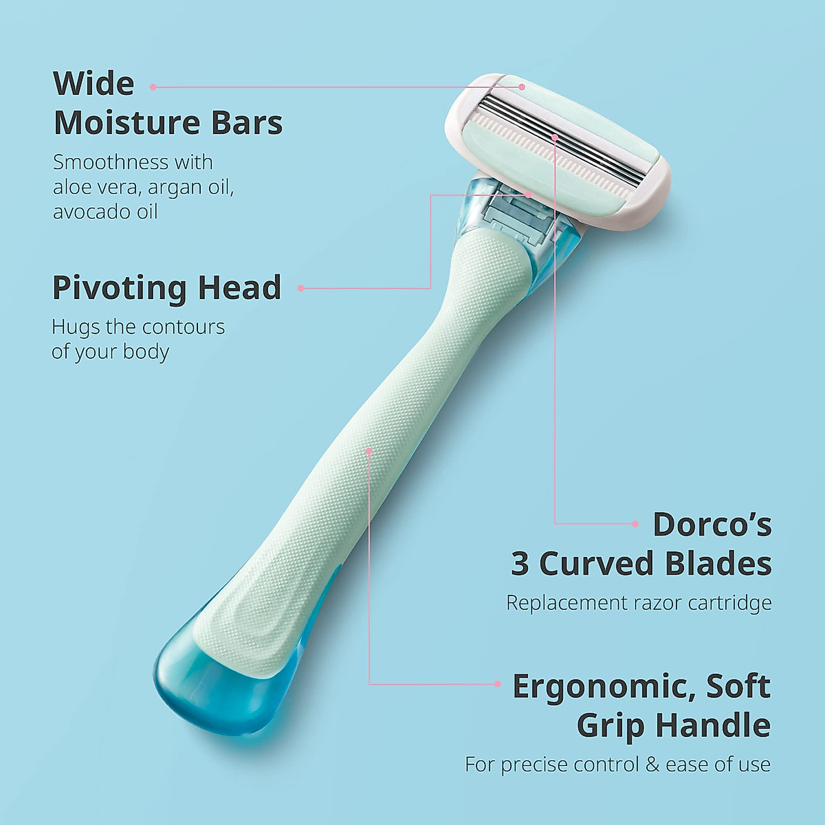 Dorco EVE3 Razor Smooth Touch™ for Women, Includes 1 Razor Handle and 6 Long-Lasting Razor Blade Refills (Handle + 6 Refills)