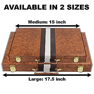 Sun Flair Backgammon Set - 15 Inch Backgammon Sets for Adults, Folding Classic Board Game with Premium Leather Case, Best Strategy and Tip Guide Enclosed (Brown, Medium)