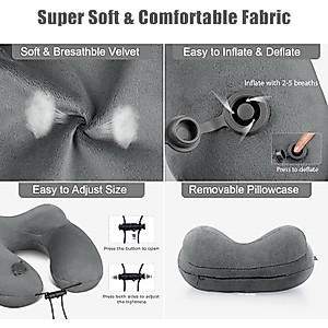 urophylla Inflatable Travel Pillows for Airplanes, Soft Velvet Inflatable Neck Pillow with 3D Contoured Eye Masks, Blow Up Pillow for Traveling, Trains, Cars, Travel Accessories, Large(Grey)