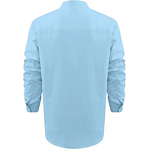 Men Linen Button Up Dress Shirt Long Sleeve Casual Cotton Beach T Shirts Stand Collar Solid Color Summer Yoga Tops (Light Blue,X-Large)
